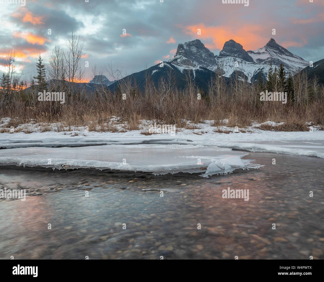 Winter Morning at Three Sisters Mountain at Canmore, Alberta, Canada ...