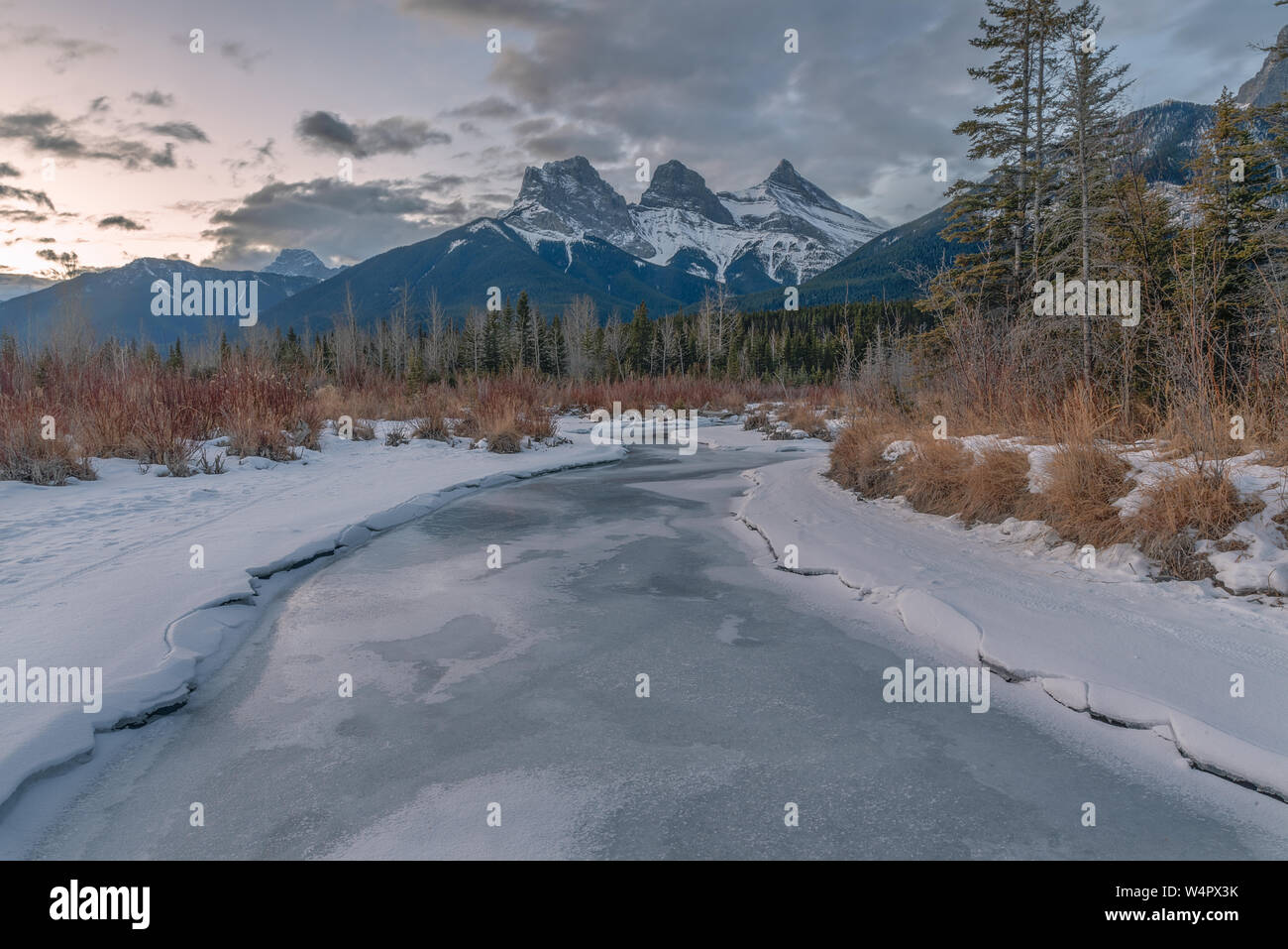 Winter Morning at Three Sisters Mountain at Canmore, Alberta, Canada ...