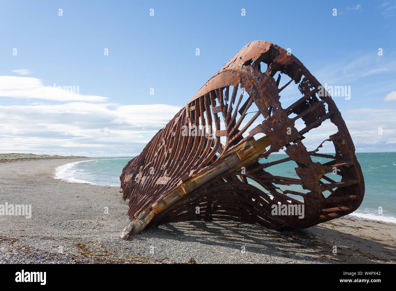 Wreckages on San Gregorio beach, Chile historic site. Beached ships ...