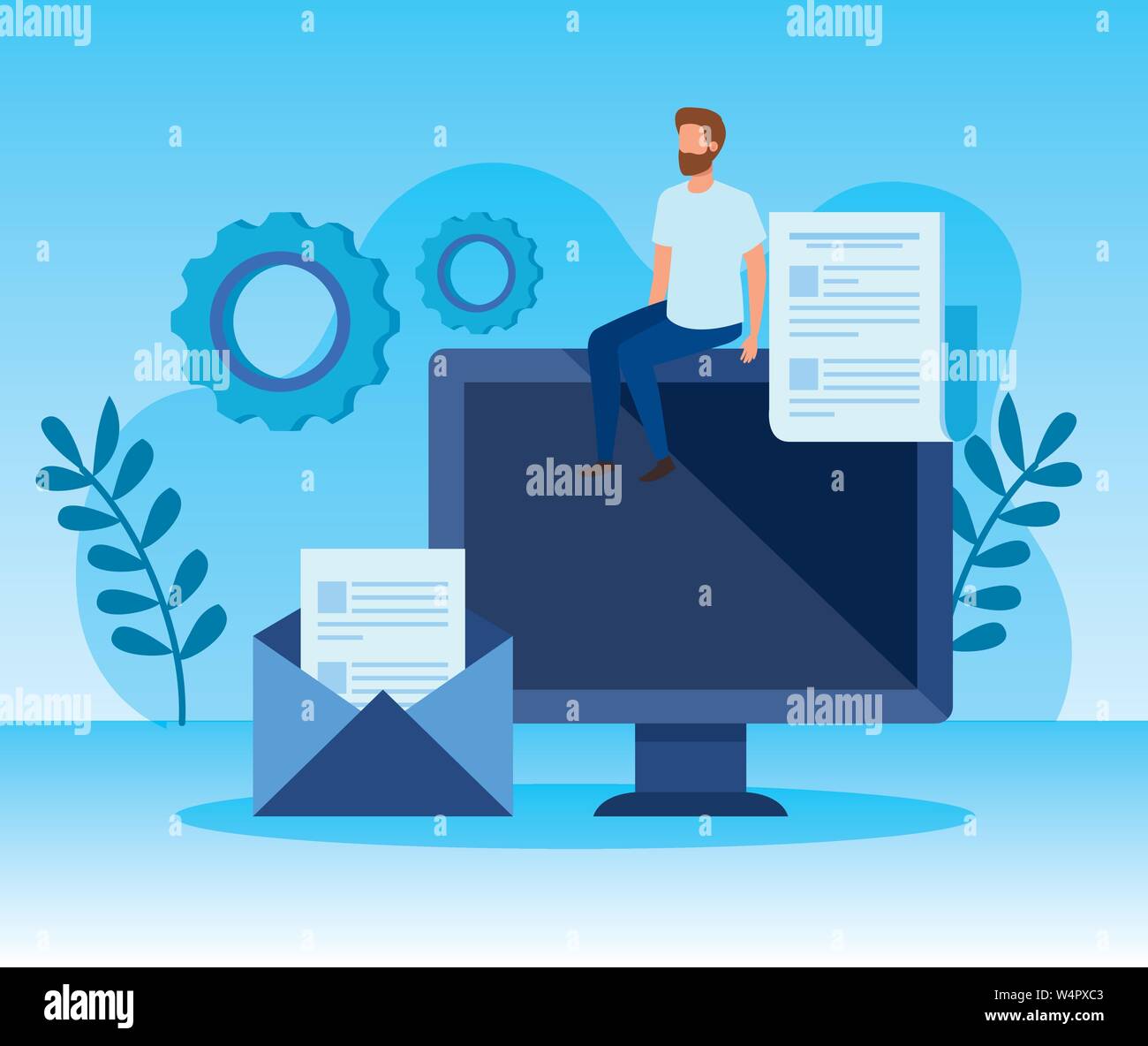 man in the computer technology and gears with letter Stock Vector Image ...