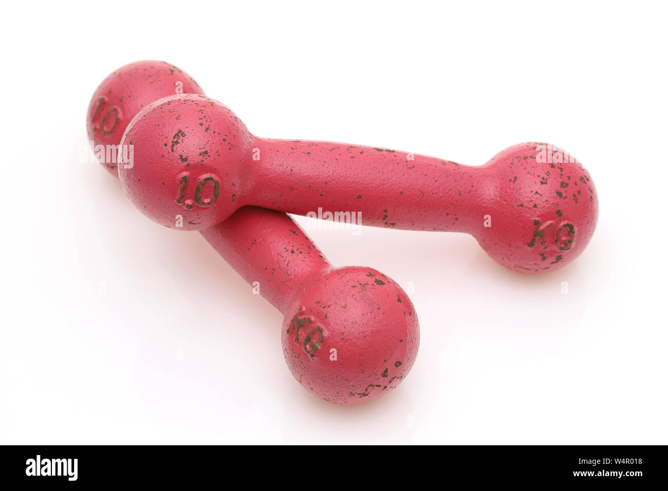 Two pink painted dumbbells fitness isolated on white background Stock ...