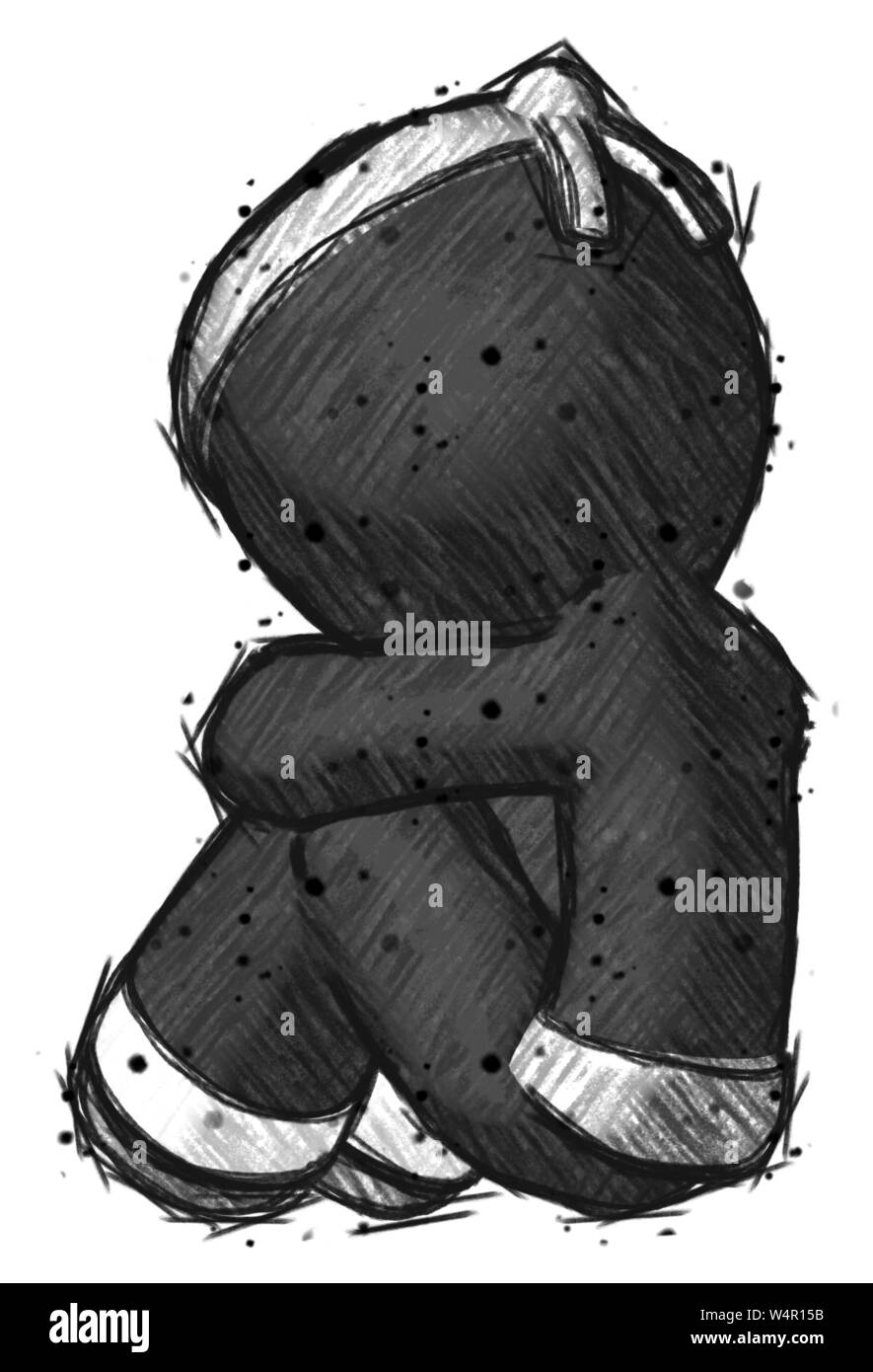 Sketch ninja warrior man sitting with head down back view facing left ...