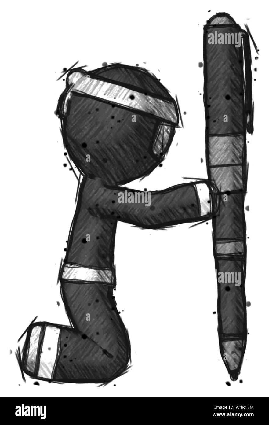 Sketch ninja warrior man posing with giant pen in powerful yet awkward ...