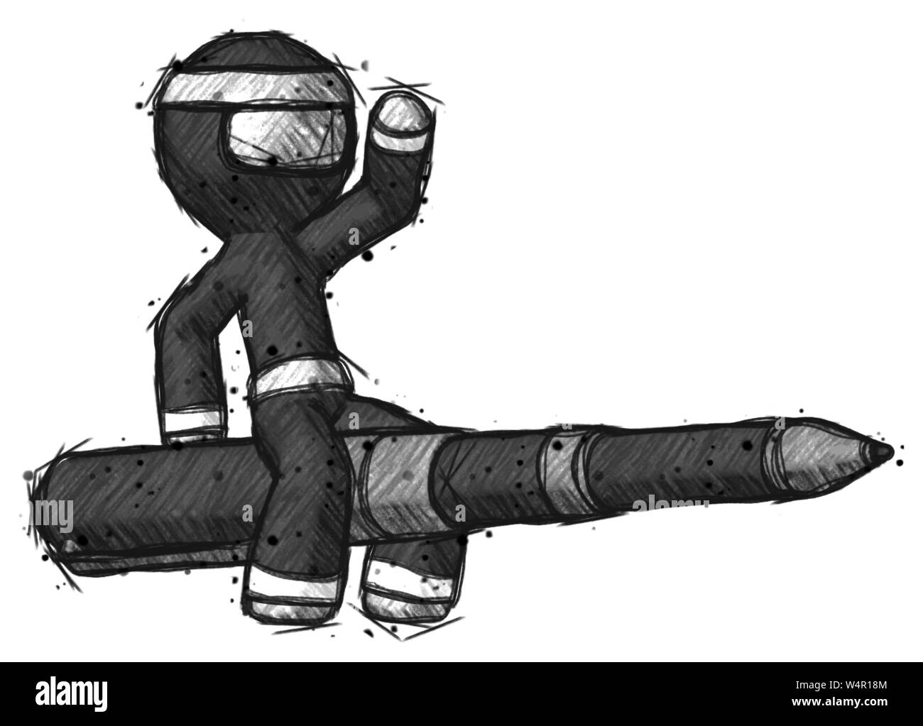 Sketch ninja warrior man riding a pen like a giant rocket Stock Photo ...