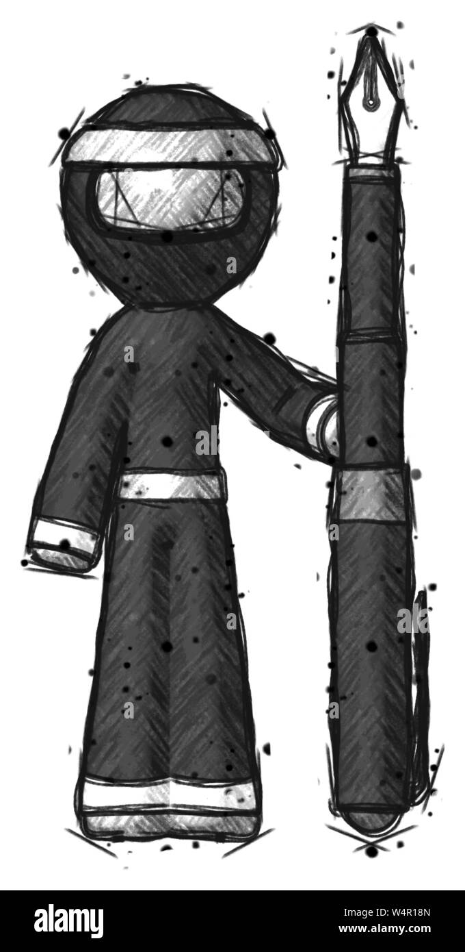 Sketch ninja warrior man holding giant calligraphy pen Stock Photo - Alamy