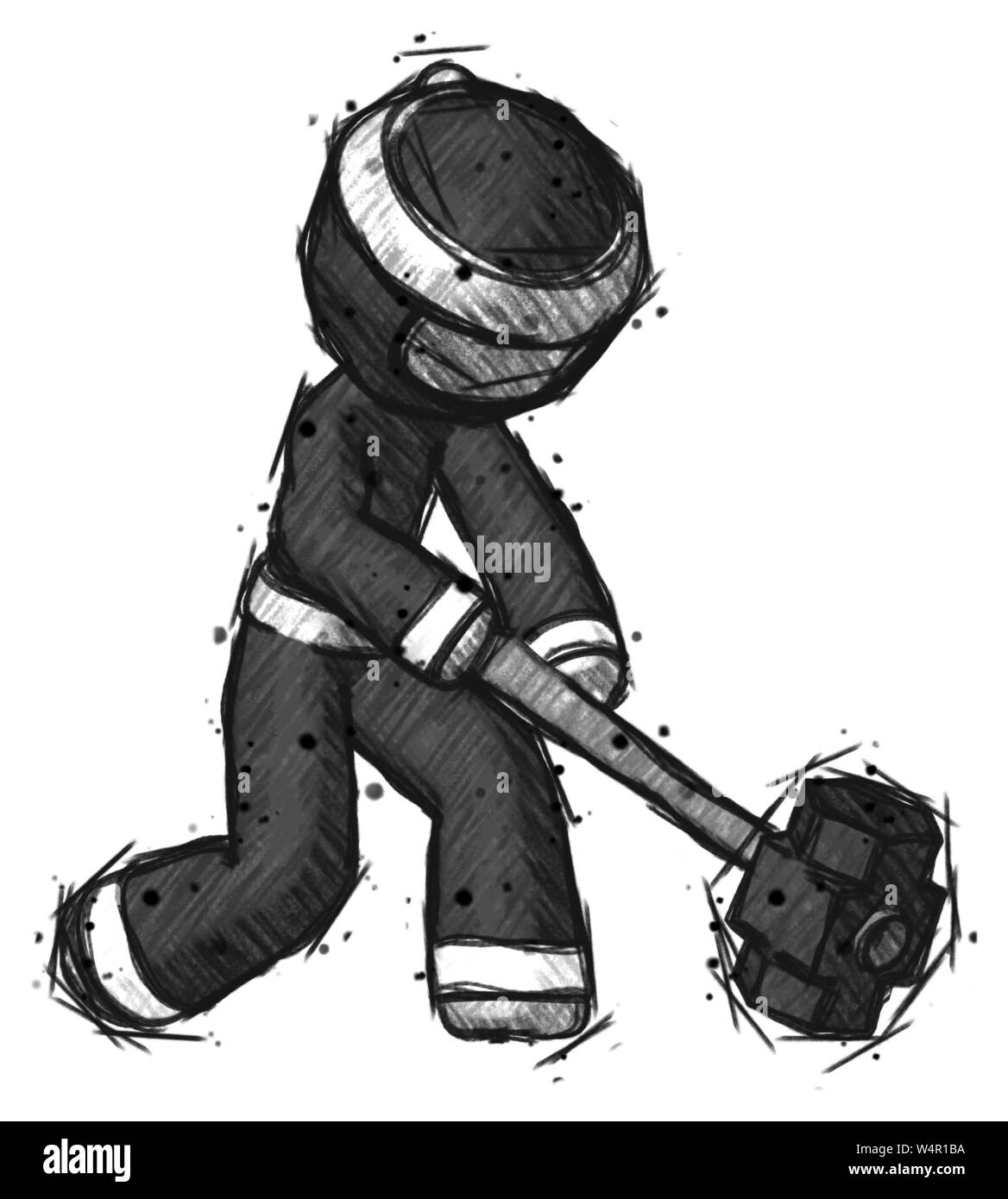 Sketch ninja warrior man smashing with sledgehammer, or hitting ...