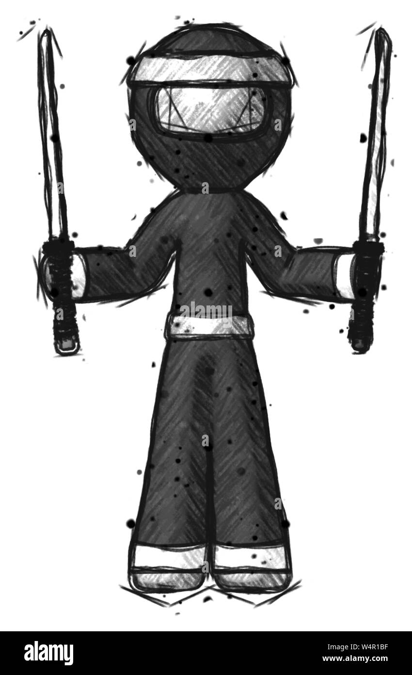 Sketch ninja warrior man posing with two ninja sword katanas up Stock ...