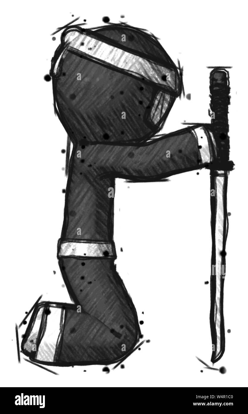 Sketch ninja warrior man kneeling with ninja sword katana showing ...