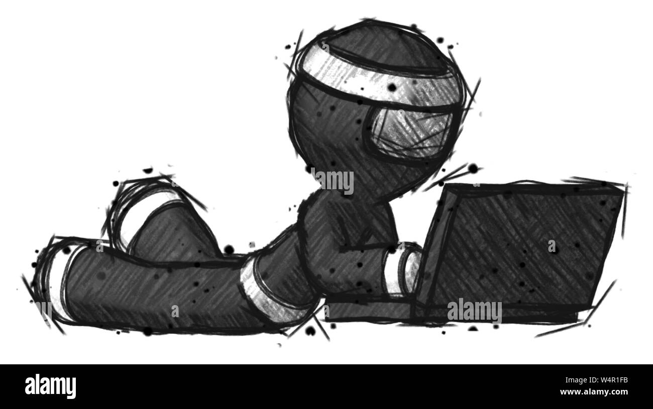 Sketch ninja warrior man using laptop computer while lying on floor ...