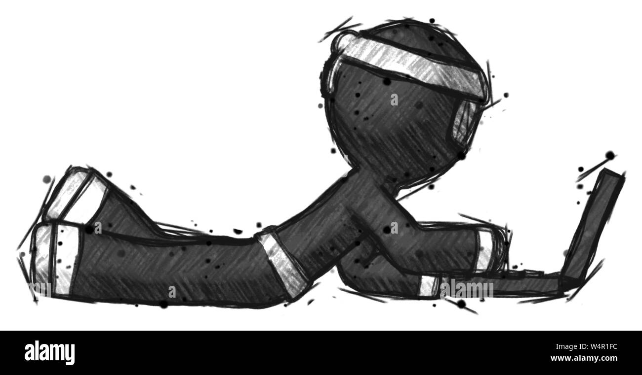Sketch ninja warrior man using laptop computer while lying on floor ...