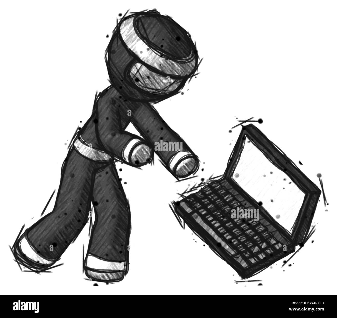 Sketch ninja warrior man throwing laptop computer in frustration Stock ...