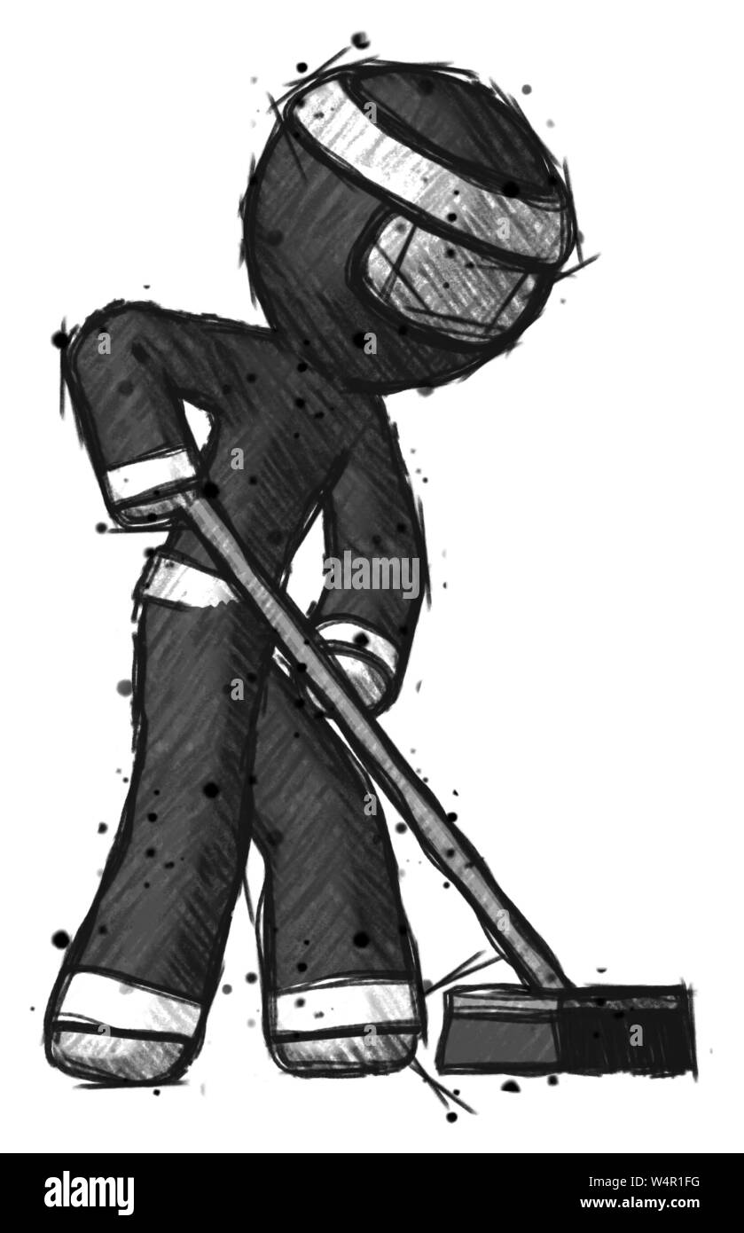 Sketch ninja warrior man cleaning services janitor sweeping floor side ...