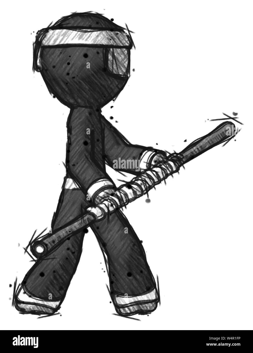Sketch ninja warrior man holding bo staff in sideways defense pose ...
