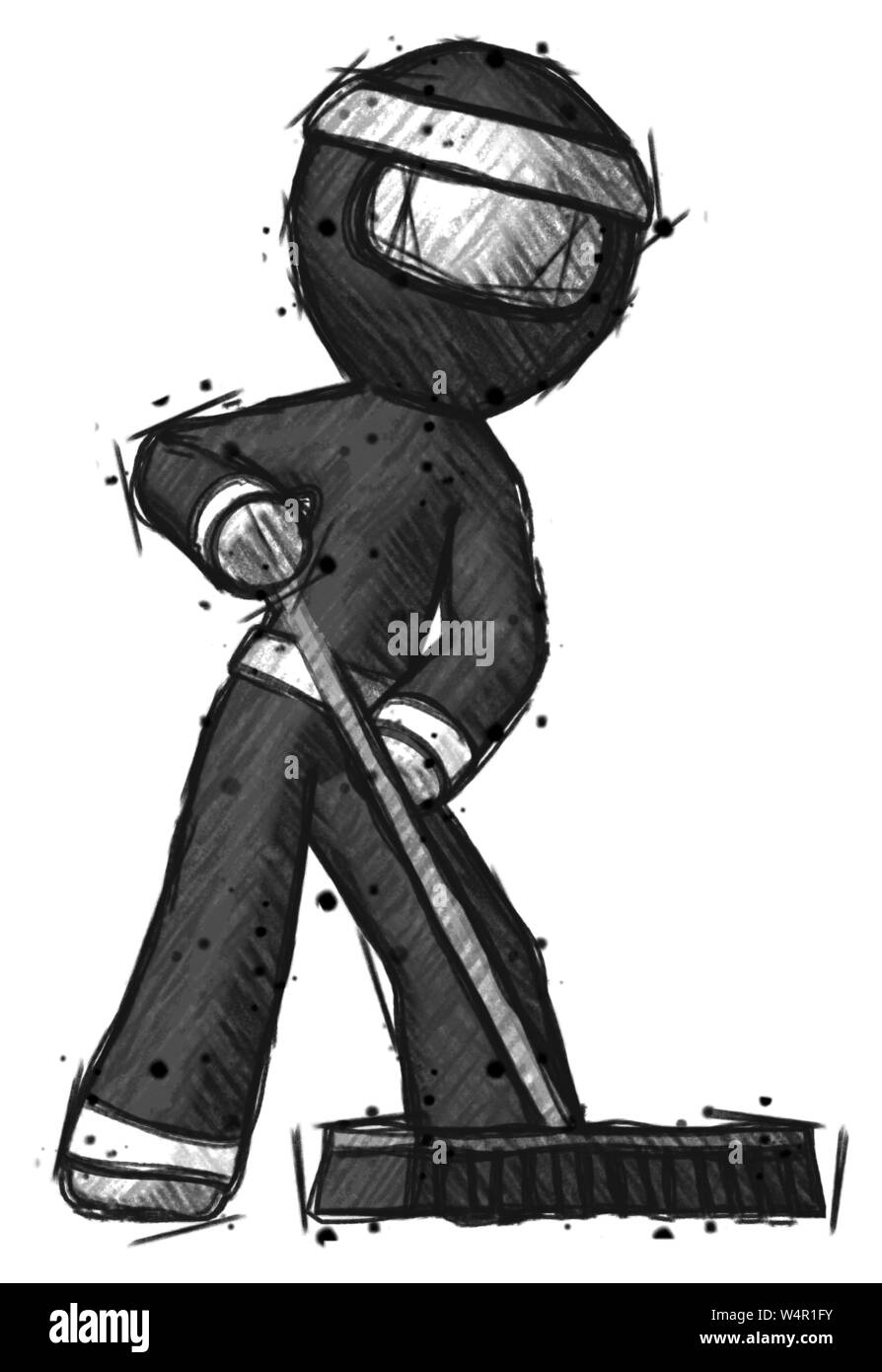 Sketch ninja warrior man cleaning services janitor sweeping floor with ...