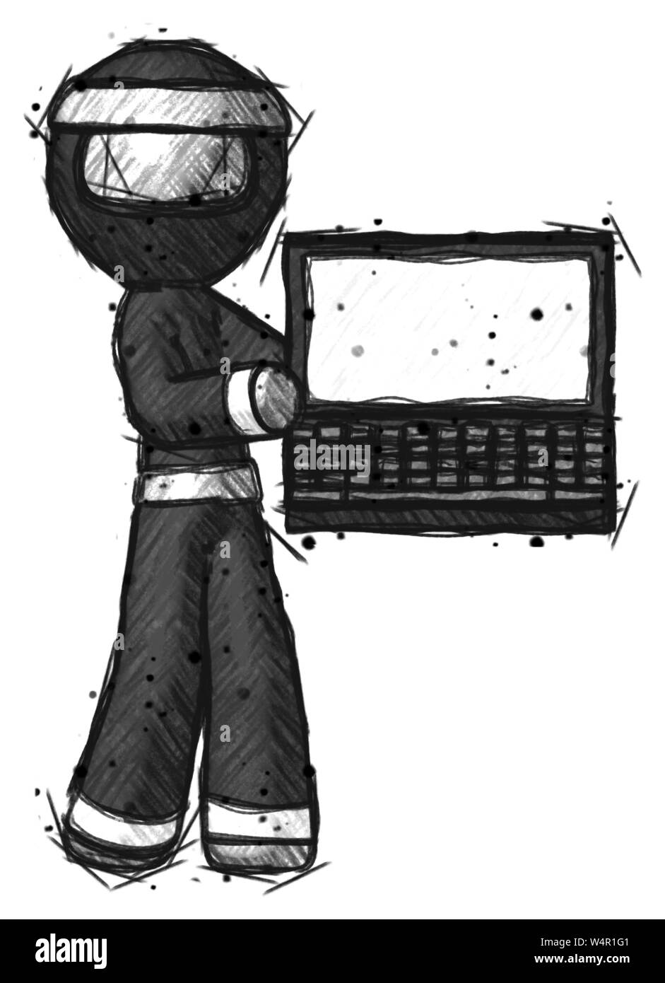 Sketch ninja warrior man holding laptop computer presenting something ...