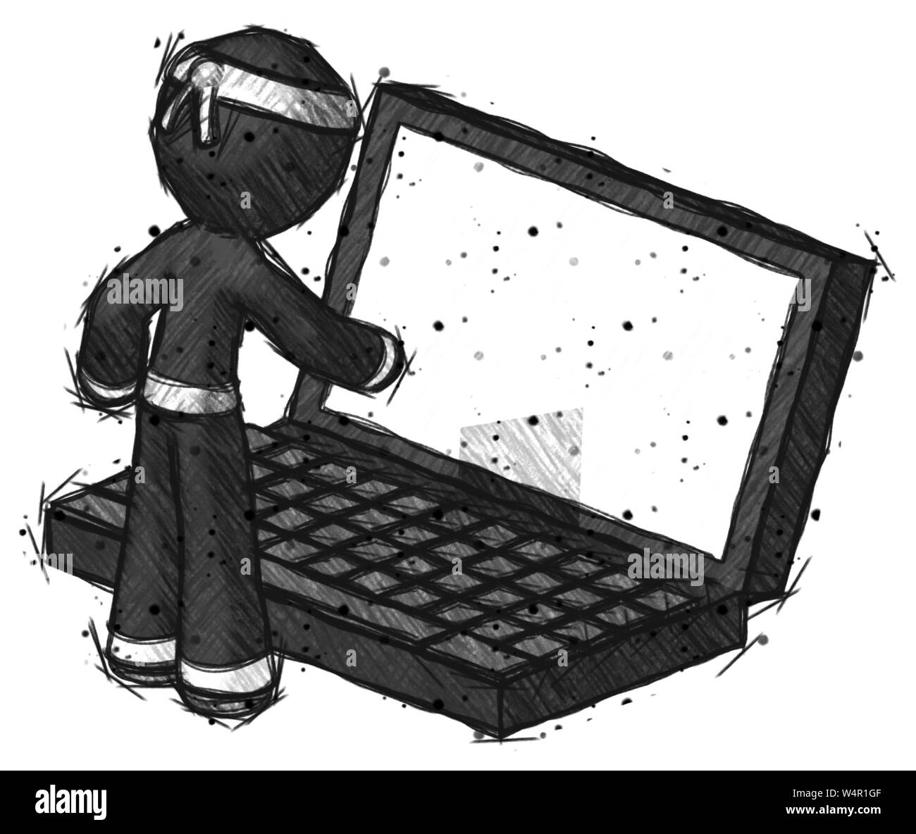 Sketch ninja warrior man using large laptop computer Stock Photo - Alamy