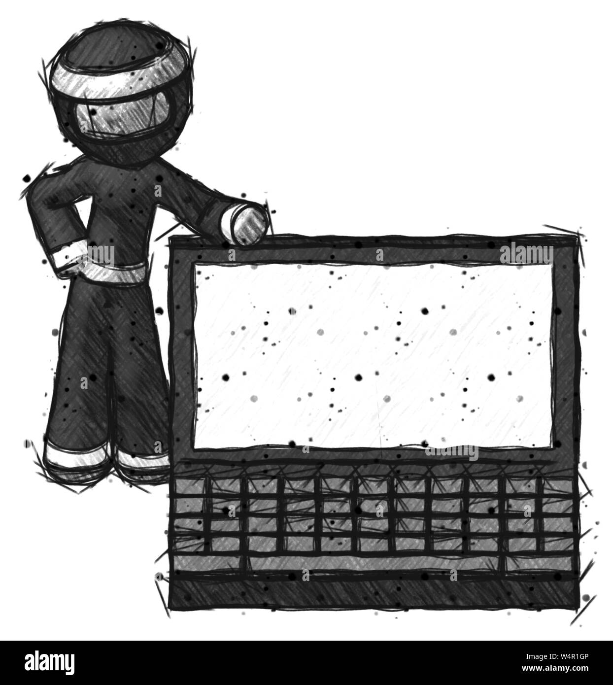 Sketch ninja warrior man beside large laptop computer, leaning against ...