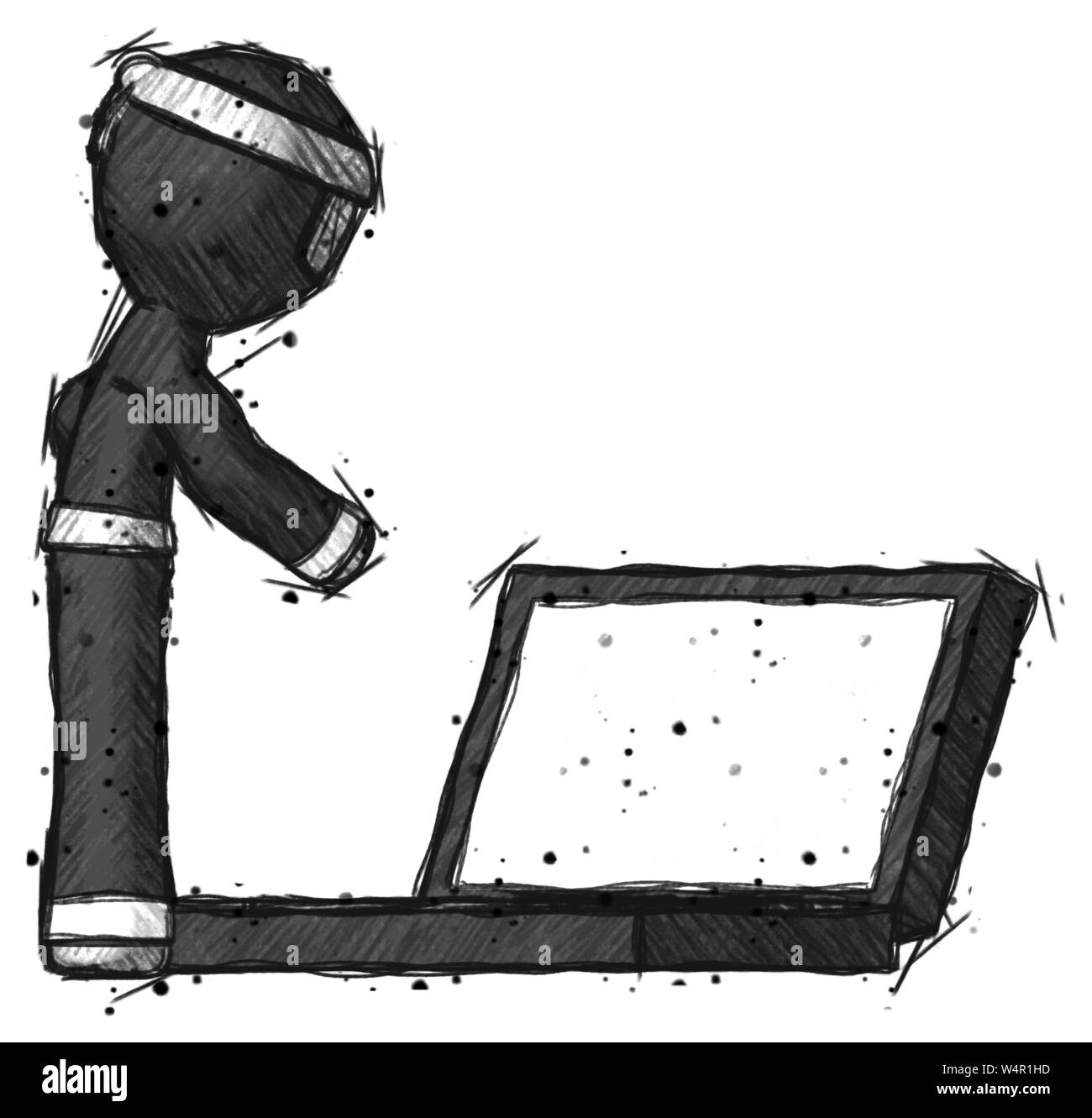 Sketch ninja warrior man using large laptop computer side orthographic ...