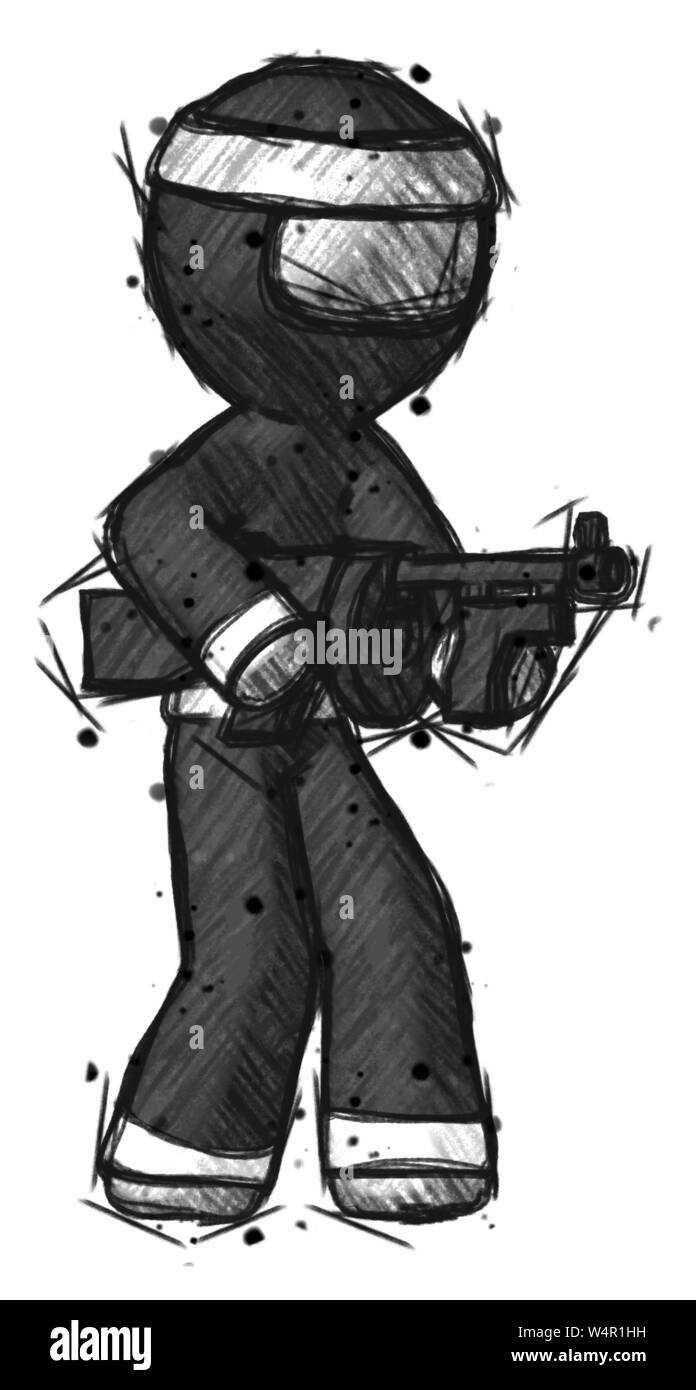 Sketch ninja warrior man tommy gun gangster shooting pose Stock Photo ...