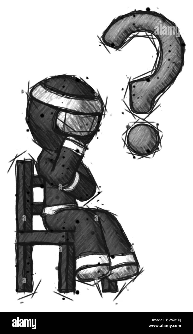 Sketch ninja warrior man question mark concept, sitting on chair ...