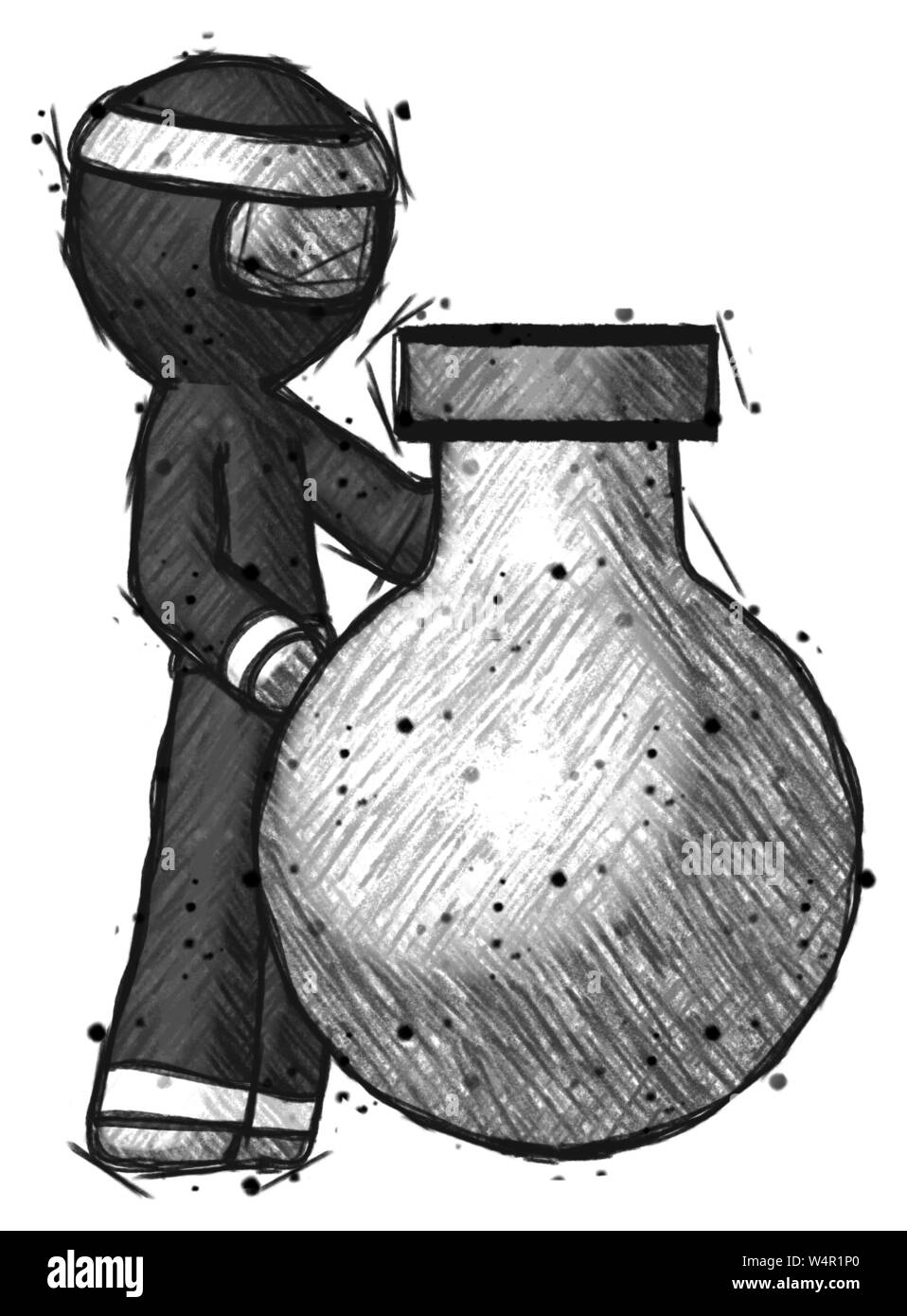 Sketch ninja warrior man standing beside large round flask or beaker ...