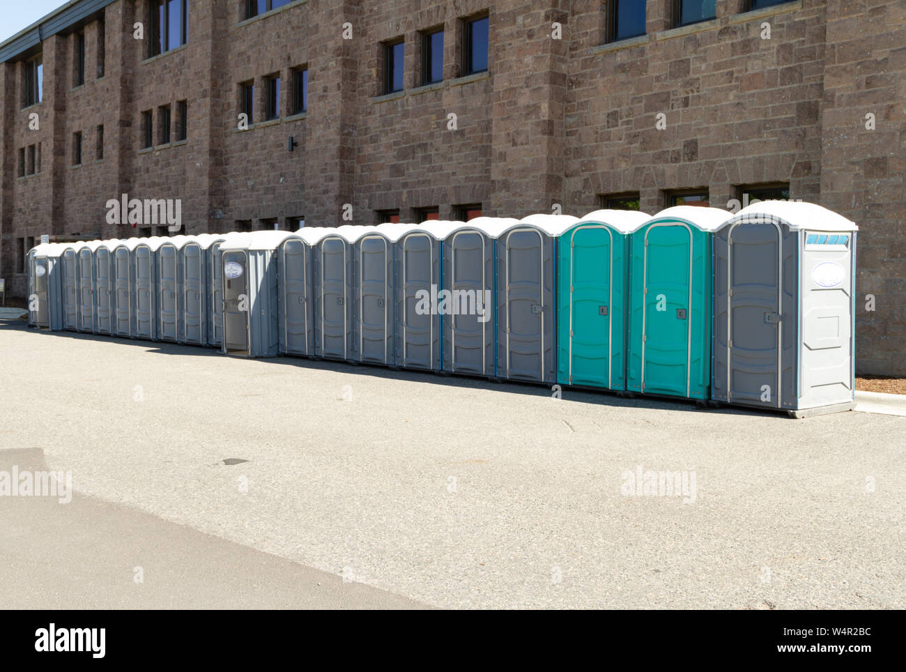 A row of portable toilets in preparation for the large crowds of the ...