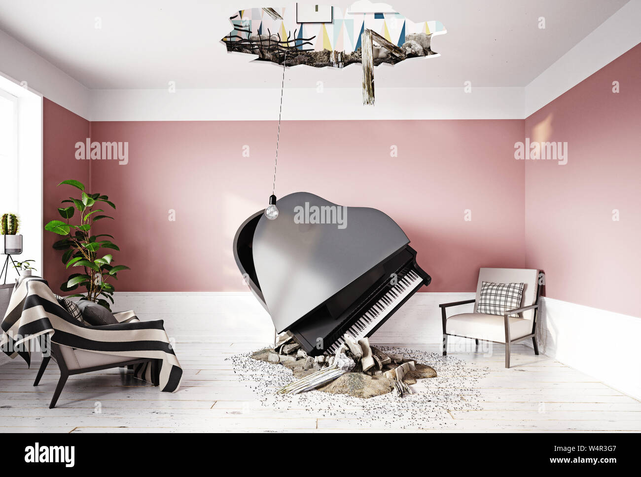 broken ceiling and falling piano. 3d rendering concept Stock Photo - Alamy