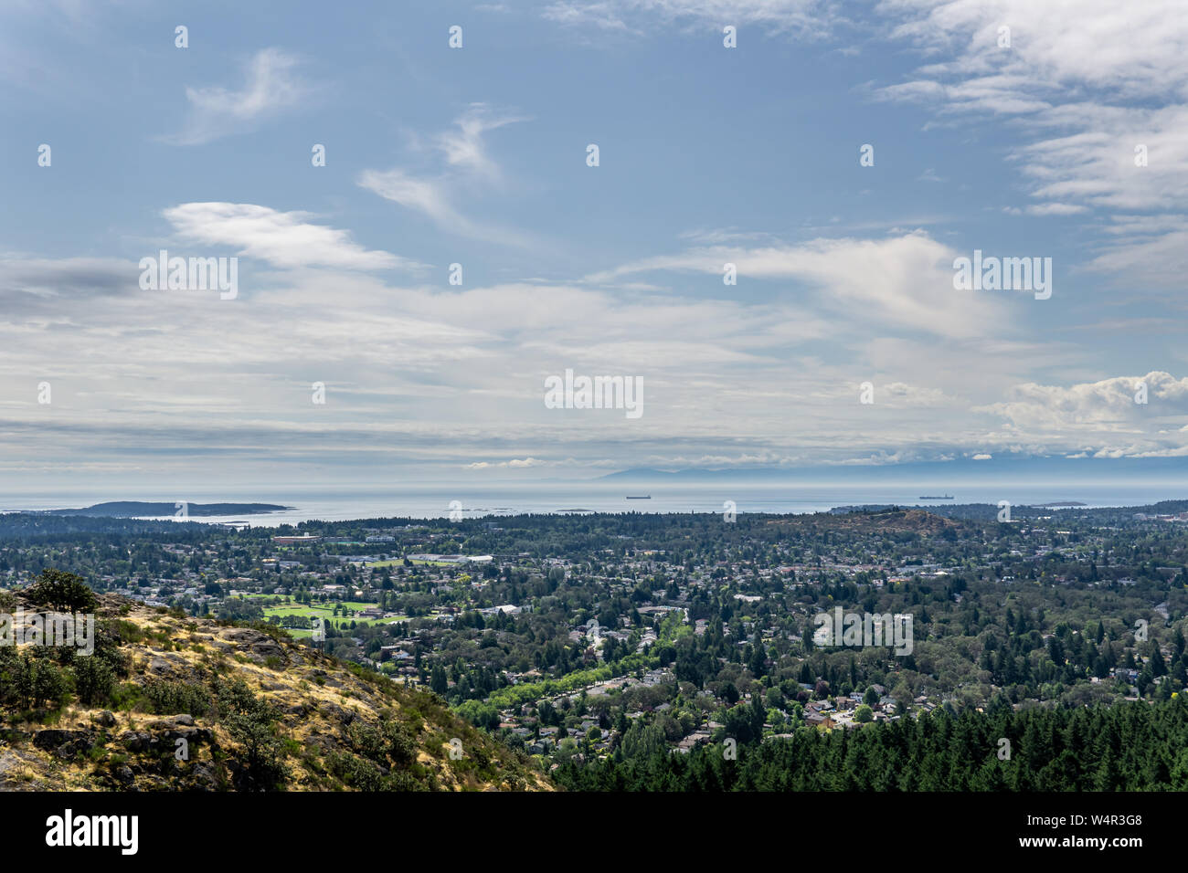 Aerial panoramic view of the city of Victoria from mount Douglas park ...