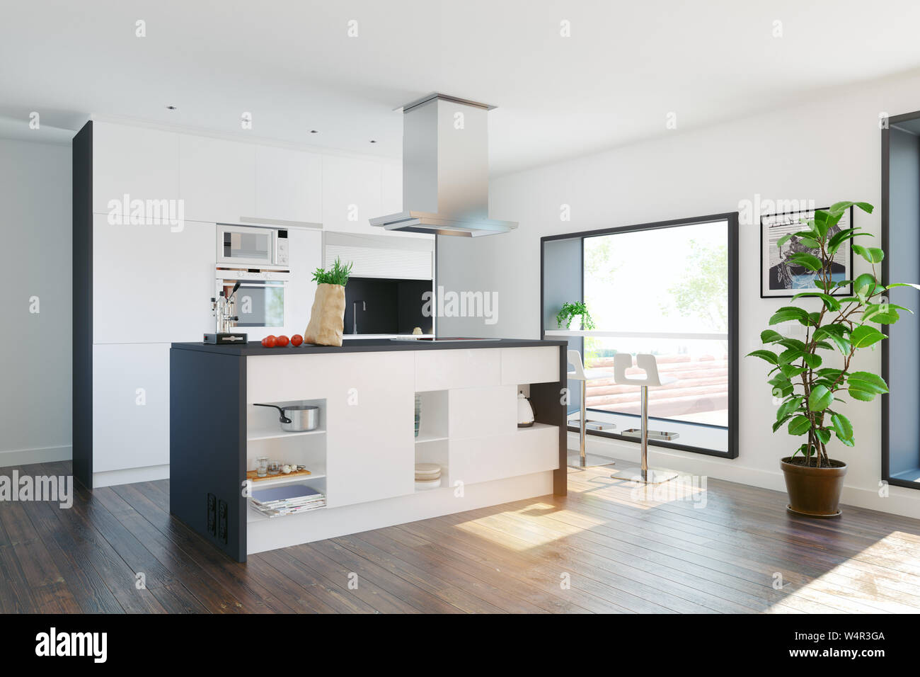 modern home kitchen with table in the window. 3d rendering concept ...