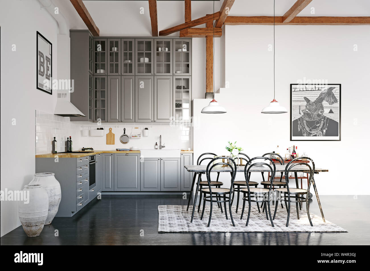 modern loft kitchen interior design. 3d rendering concept Stock Photo ...