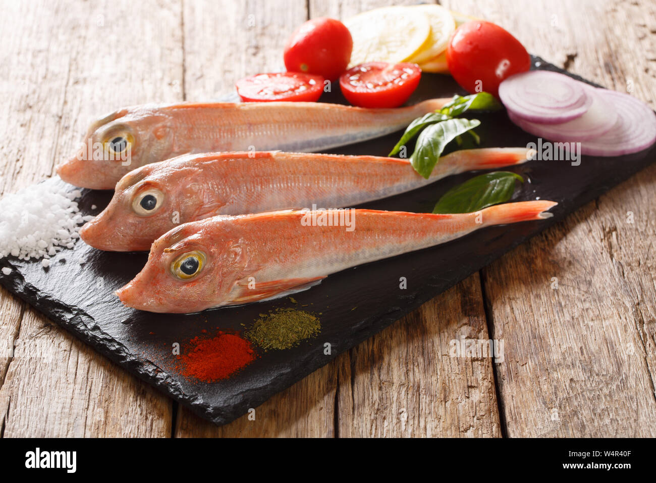 Delicious raw gurnard fish with ingredients close-up on a slate board ...