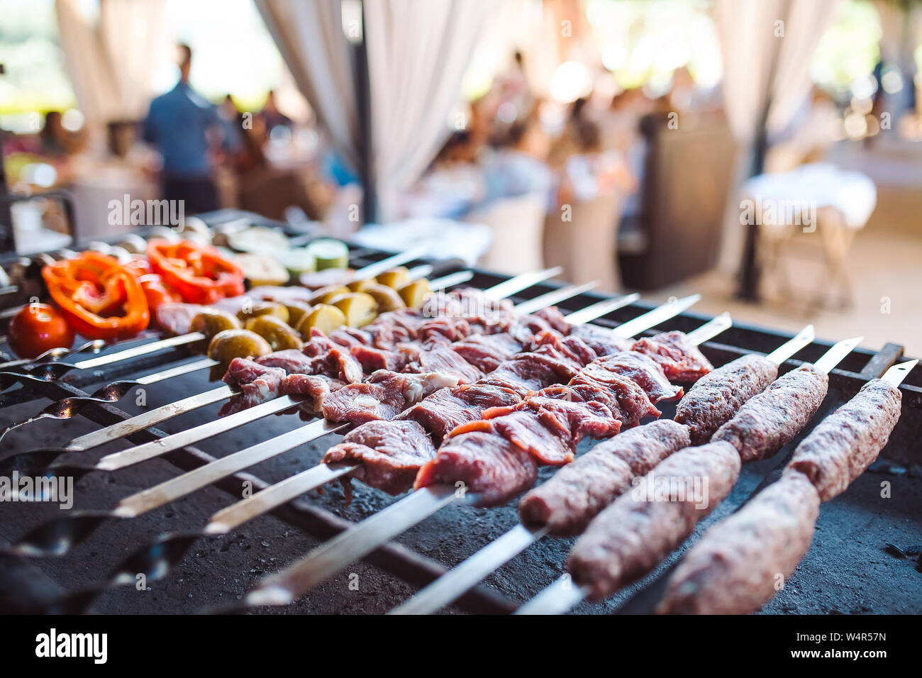 Barbecue from different types of meat in the restaurant on the ...
