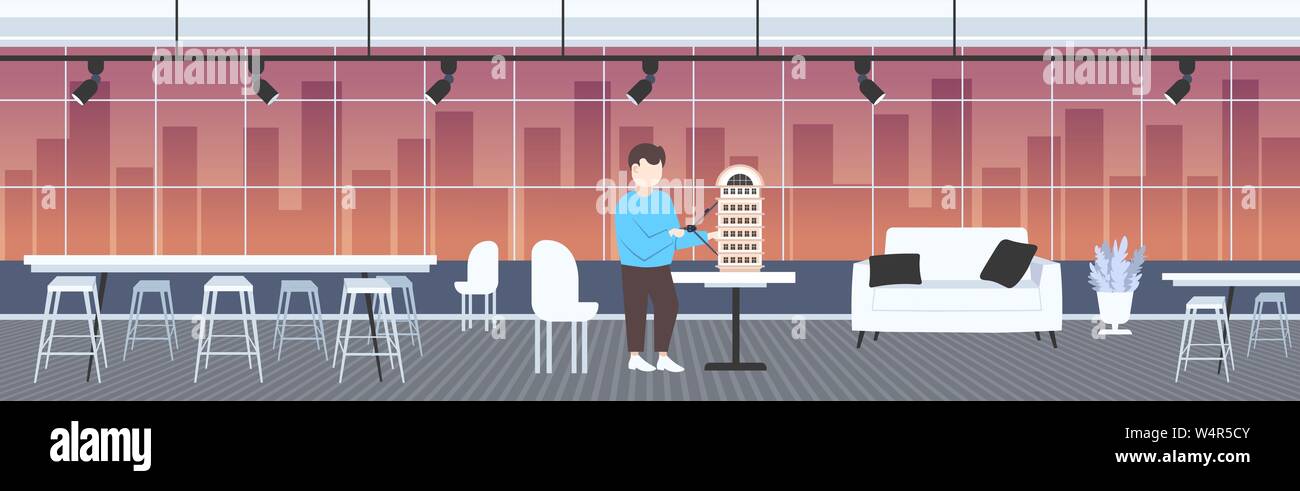 Man Architect Using Compass Engineer Drafting New Building City Model Urban Panning Project