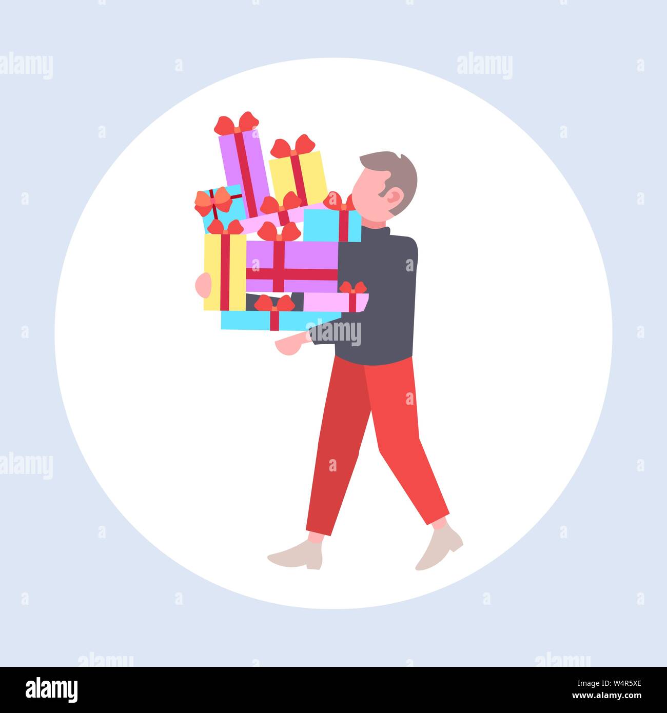 man carrying stack of wrapped gift boxes big seasonal sale shopping ...
