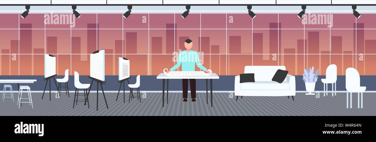 man architect working with blueprint engineer drafting new building ...