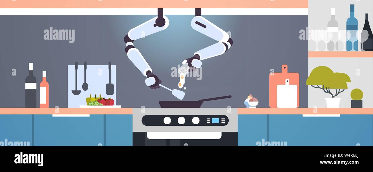 smart handy chef robot preparing fried eggs in frying pan robotic ...