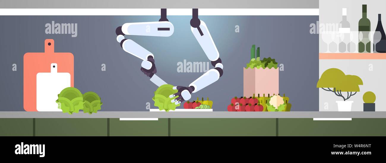 smart handy chef robot preparing vegetable salad robotic assistant ...