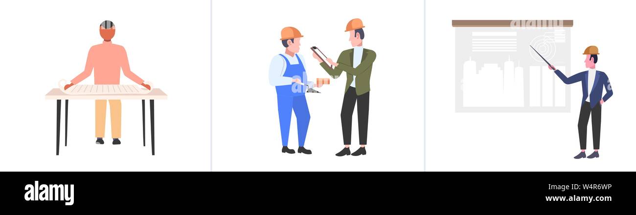 Set Architects Working With Blueprint Engineers Drafting New Building Urban Panning Project