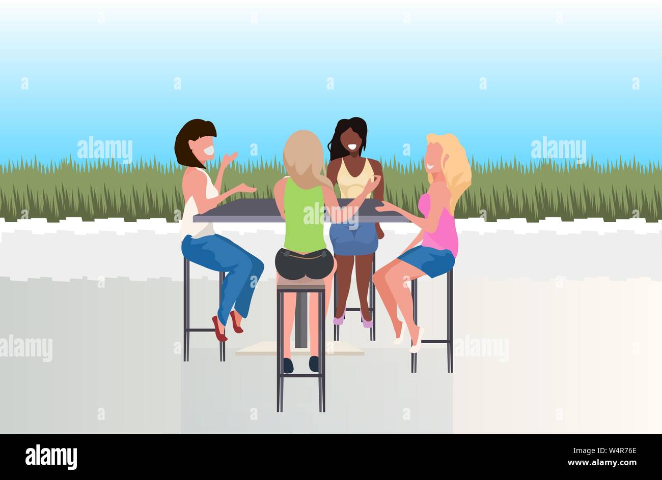 mix race women group sitting at cafe table girls discussing during ...