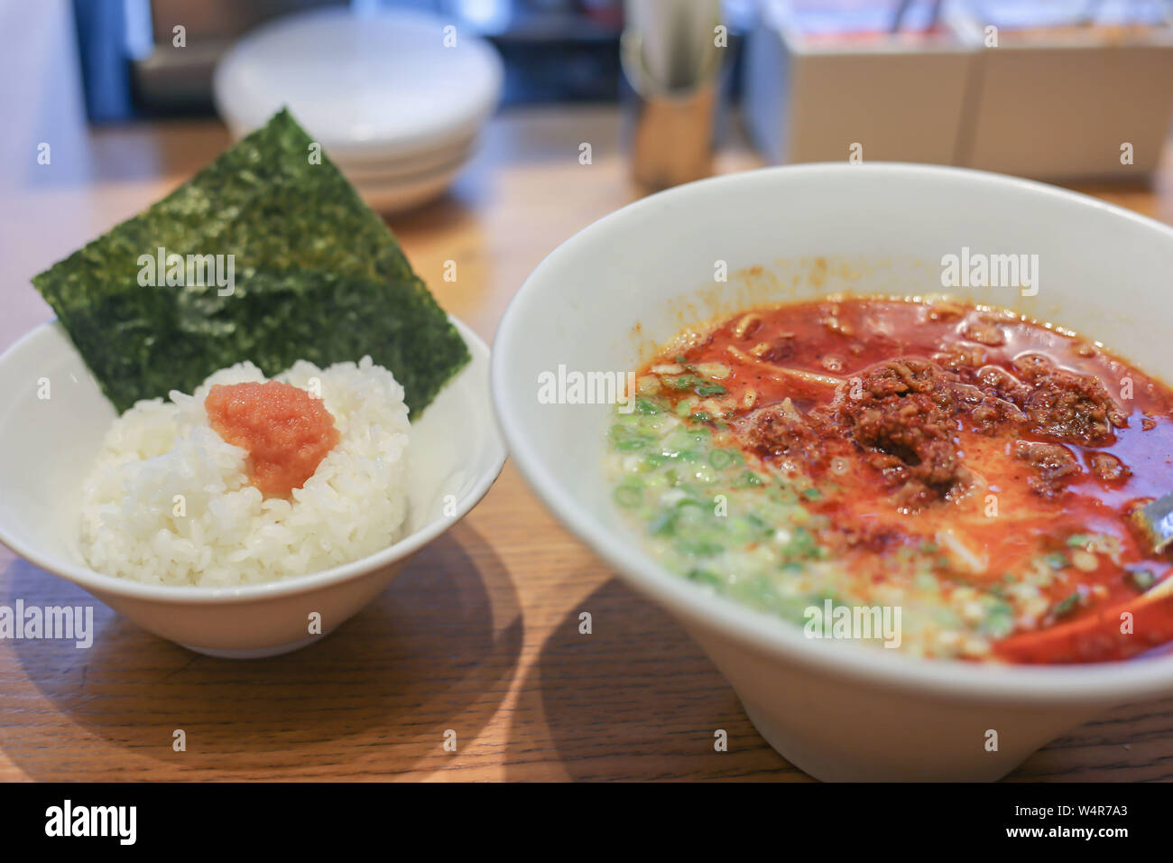 Japanese Ramen noodles and white rice with mentaiko(marinated Pollock ...