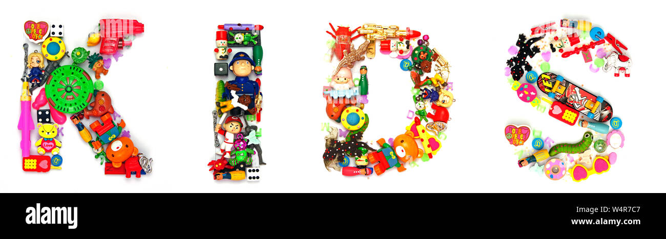 the word kids made from small toys Stock Photo - Alamy