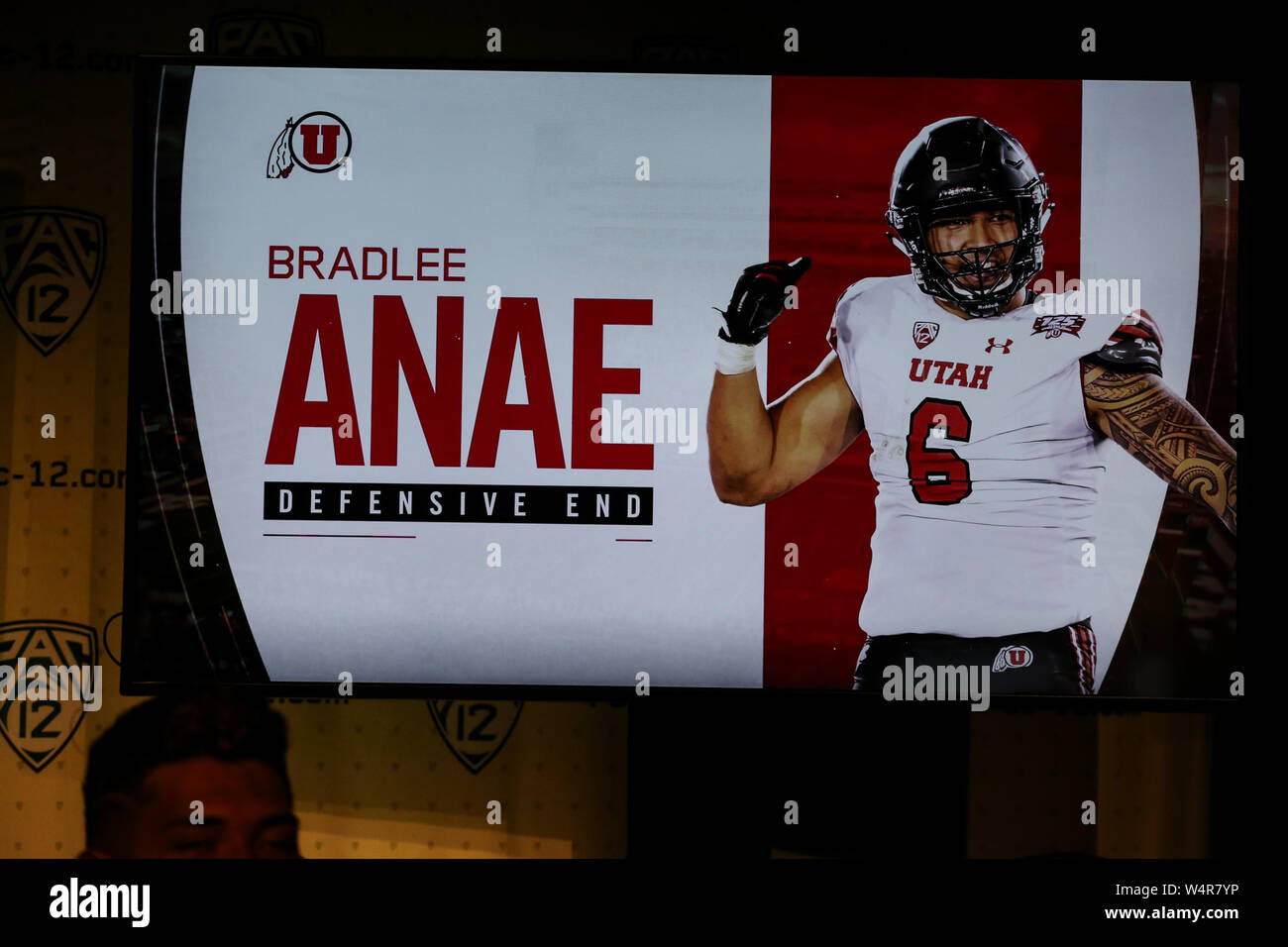 Hollywood CA. 24th July, 2019. Utah Utes defensive end Bradlee Anae ...