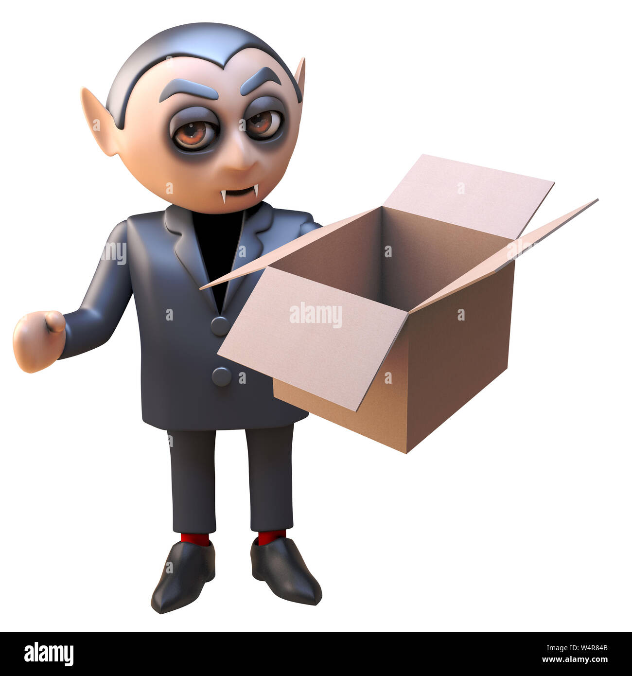 3d vampire dracula character opens a cardboard box enigmatically, 3d ...