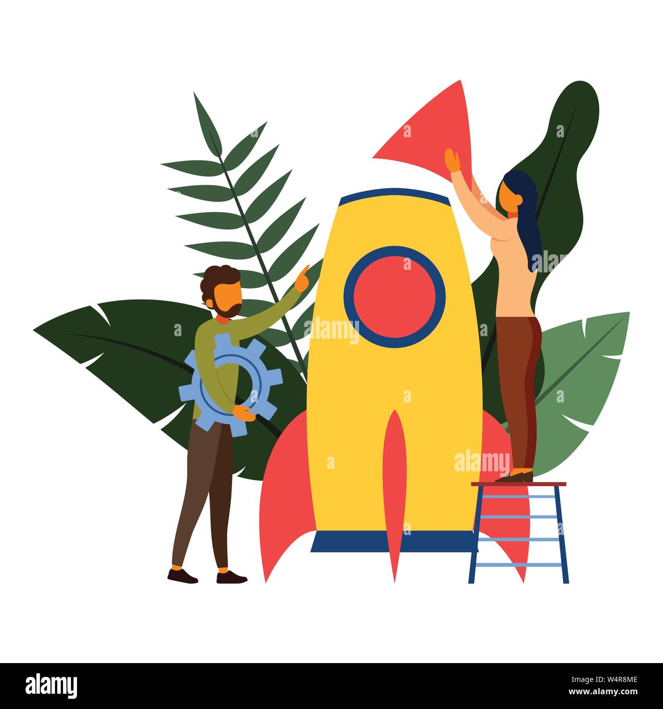 People are building a spaceship rocket, vector illustration Stock ...
