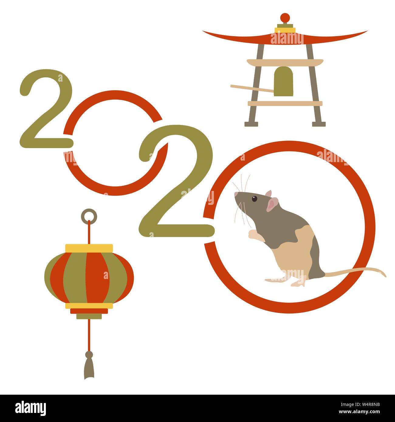 Happy new year. Vector illustration with 2020 year numbers and rat. Rat ...