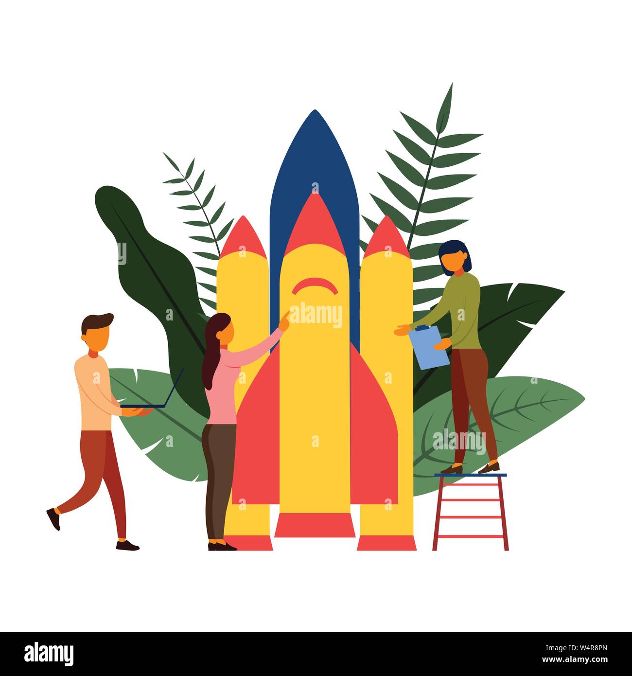 People are building a spaceship rocket, vector illustration Stock ...