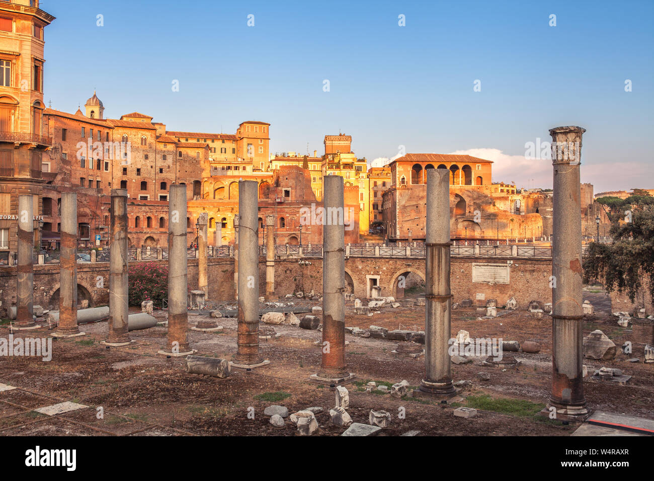 Ancient Roman ruins in the city center of Rome, Italy. Row of columns ...