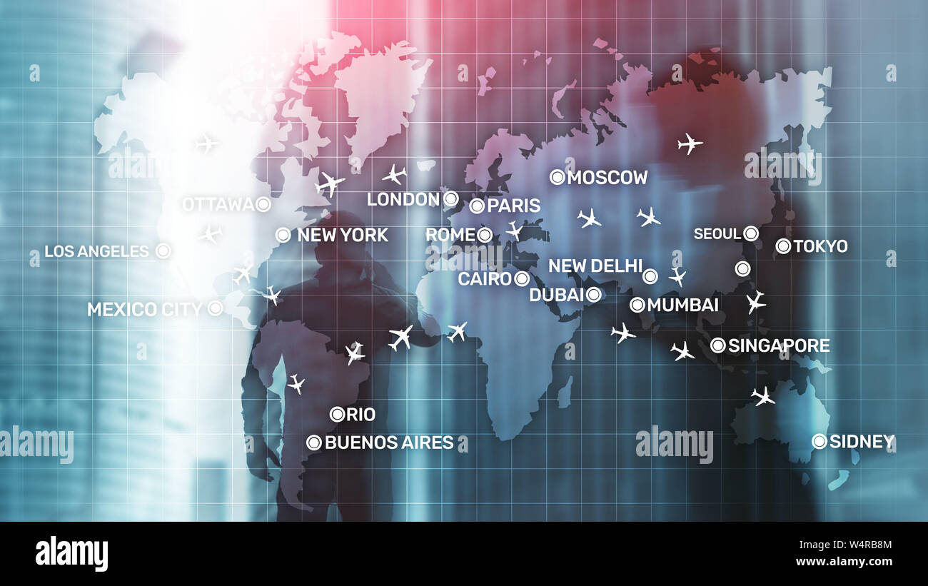 Aviation wallpaper with planes over the map with major city names ...