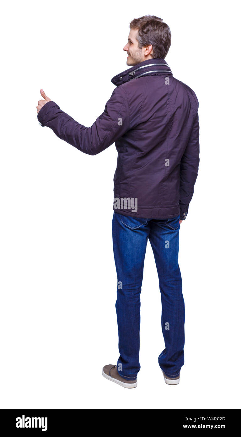 Back view of man in parka thumbs up. Rear view people collection ...