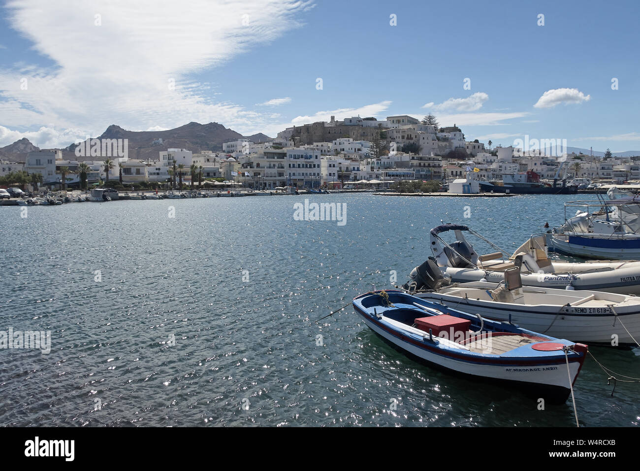 Naxos, Greece - July 12, 2109; Marina, port and the city of Naxos ...